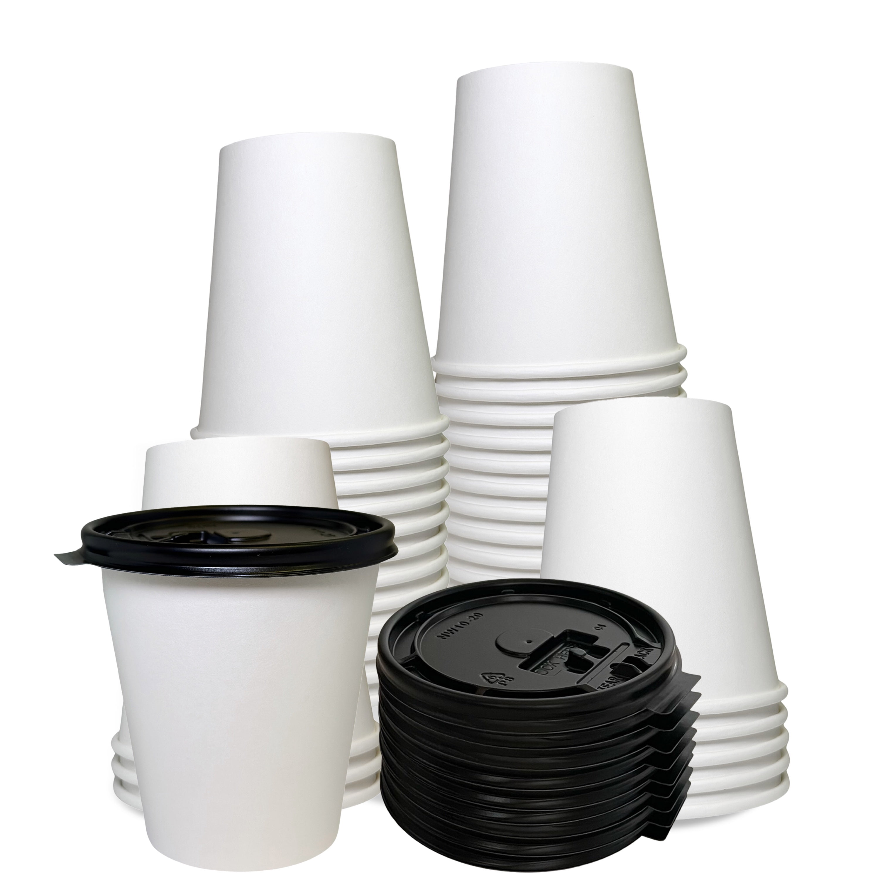 12 oz Disposable White Paper Coffee Cups with Black Flat Lids ...