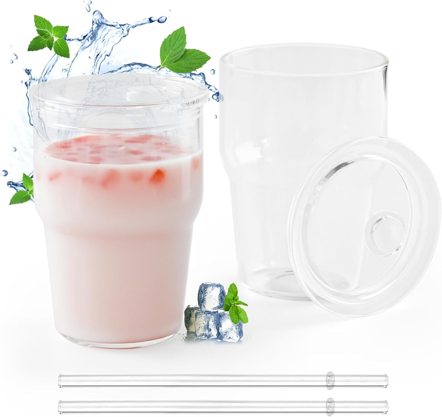 12 oz Glass Cups with Lids and Straws 2 Pack Wide Mouth Iced Coffee ...