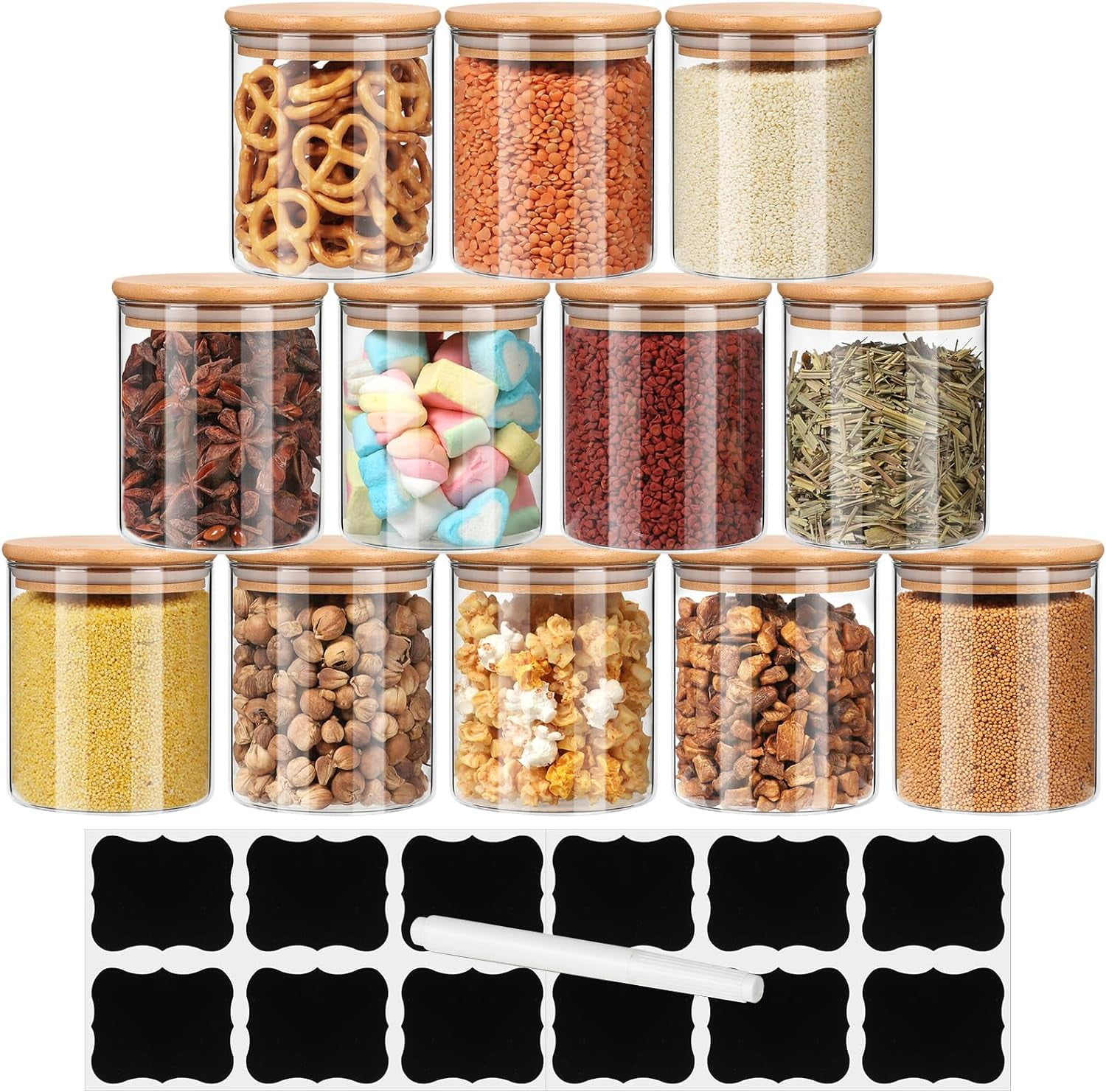 12 oz Glass Food Storage Jar with Bamboo Lid, 12 Pack Borosilicate ...