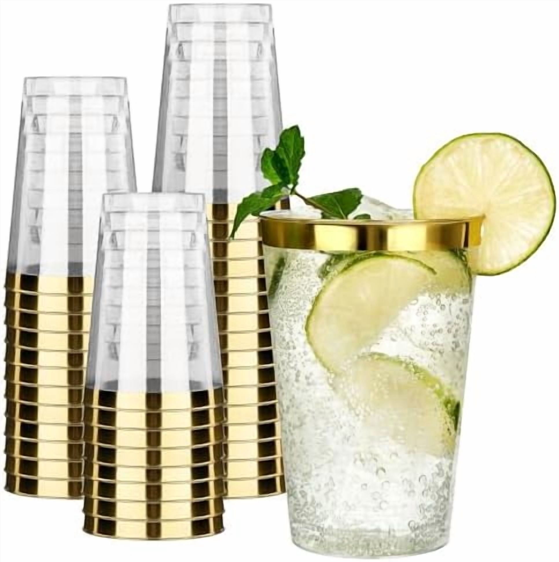 12 oz Gold Rimmed Plastic Cups, 100 Pack Clear Plastic Glasses, Heavy ...
