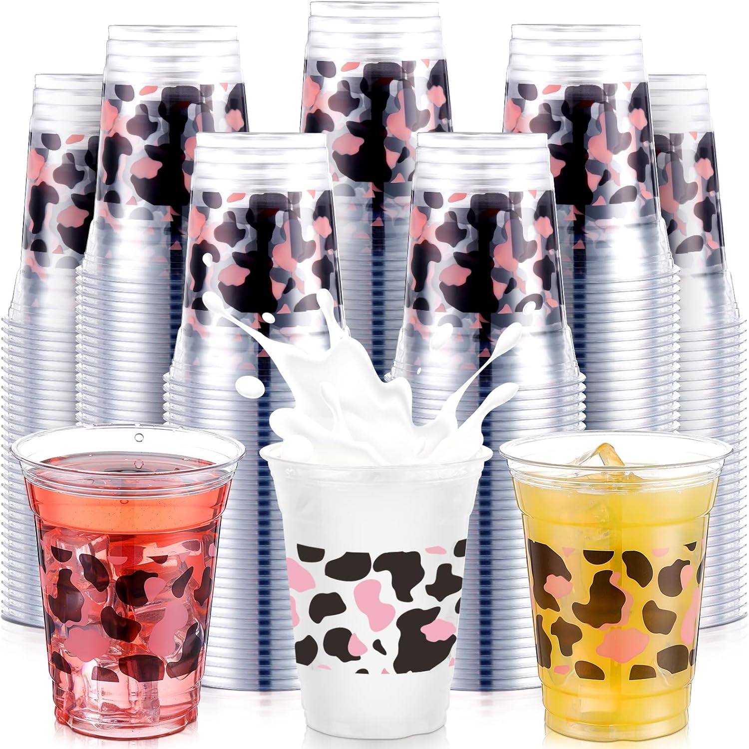 12 oz Pink Cow Print Plastic Cup Cow Themed Party Cups Clear Disposable ...