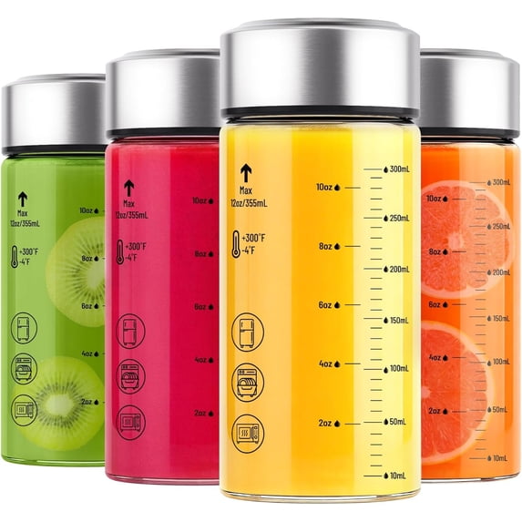 12 oz Wide Mouth Borosilicate Glass Juice Bottles With Stainless Steel ...