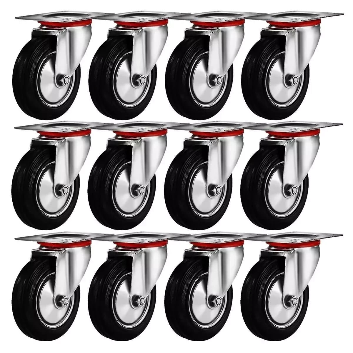 12 pack 3" Swivel Caster Wheel Rubber Base with Top Plate & Bearing ...