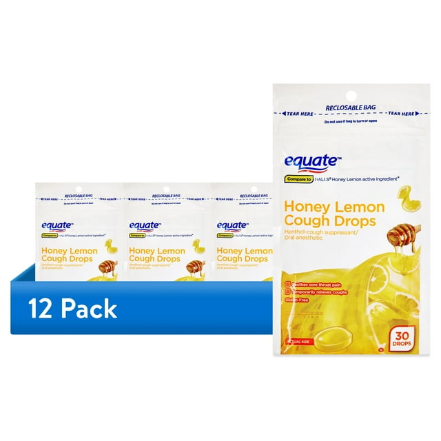 (12 pack) Equate Sore Throat and Cough Relief Honey Lemon Cough Drops with Menthol, 7.5mg, 30 ...
