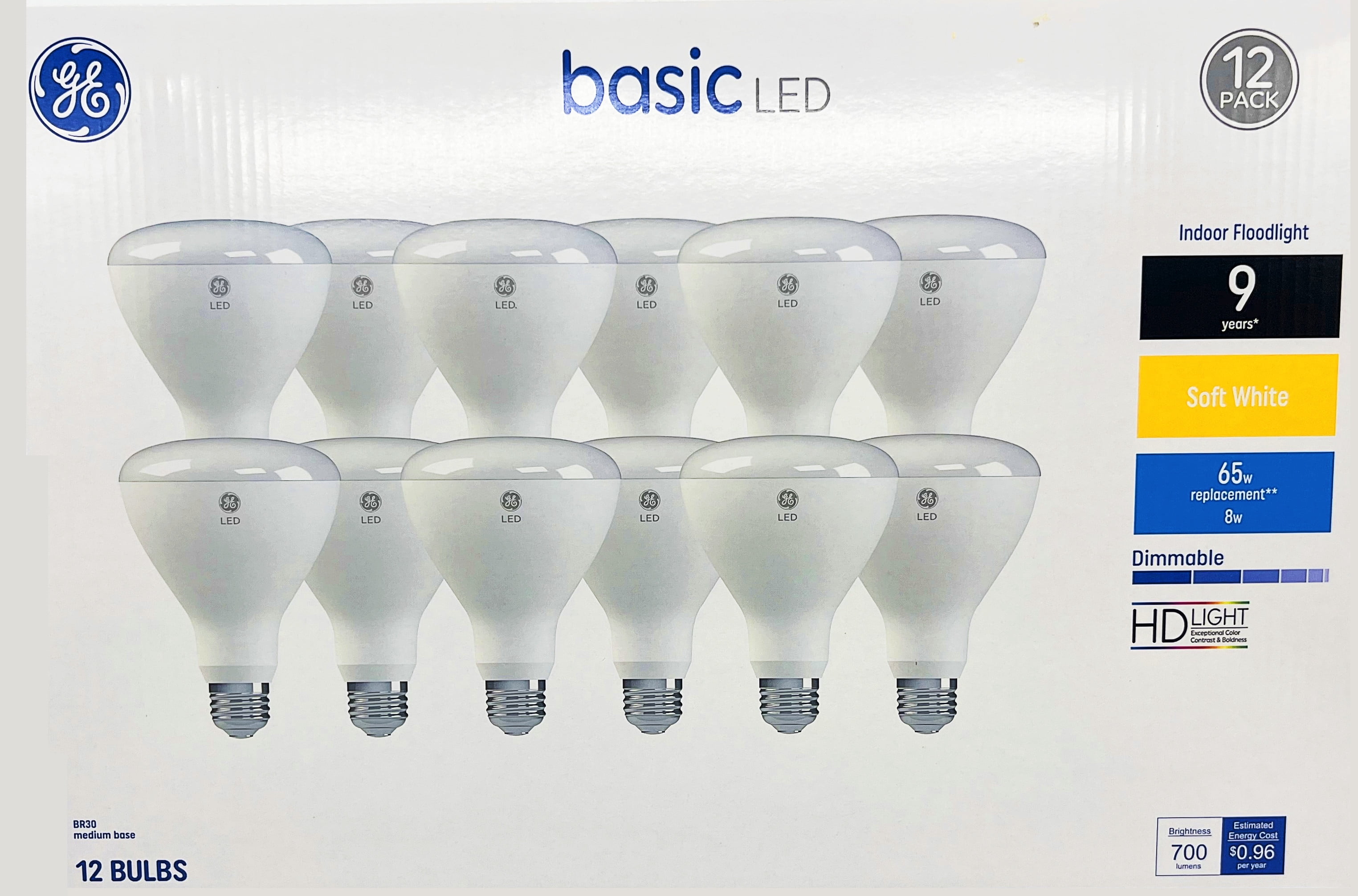 (12 pack) GE basic LED BR30 Indoor Floodlight, 8 watt, 700 lumen (65 ...