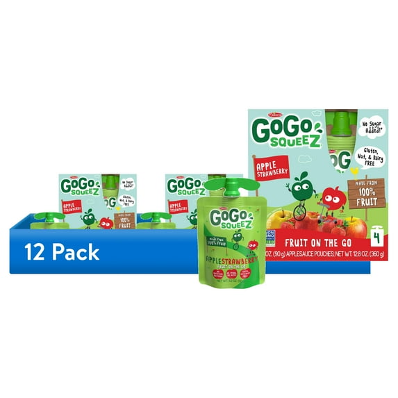 (12 pack) GoGo squeeZ No Sugar Added Apple Strawberry Applesauce Pouches, 3.2 oz (4 Pack ...