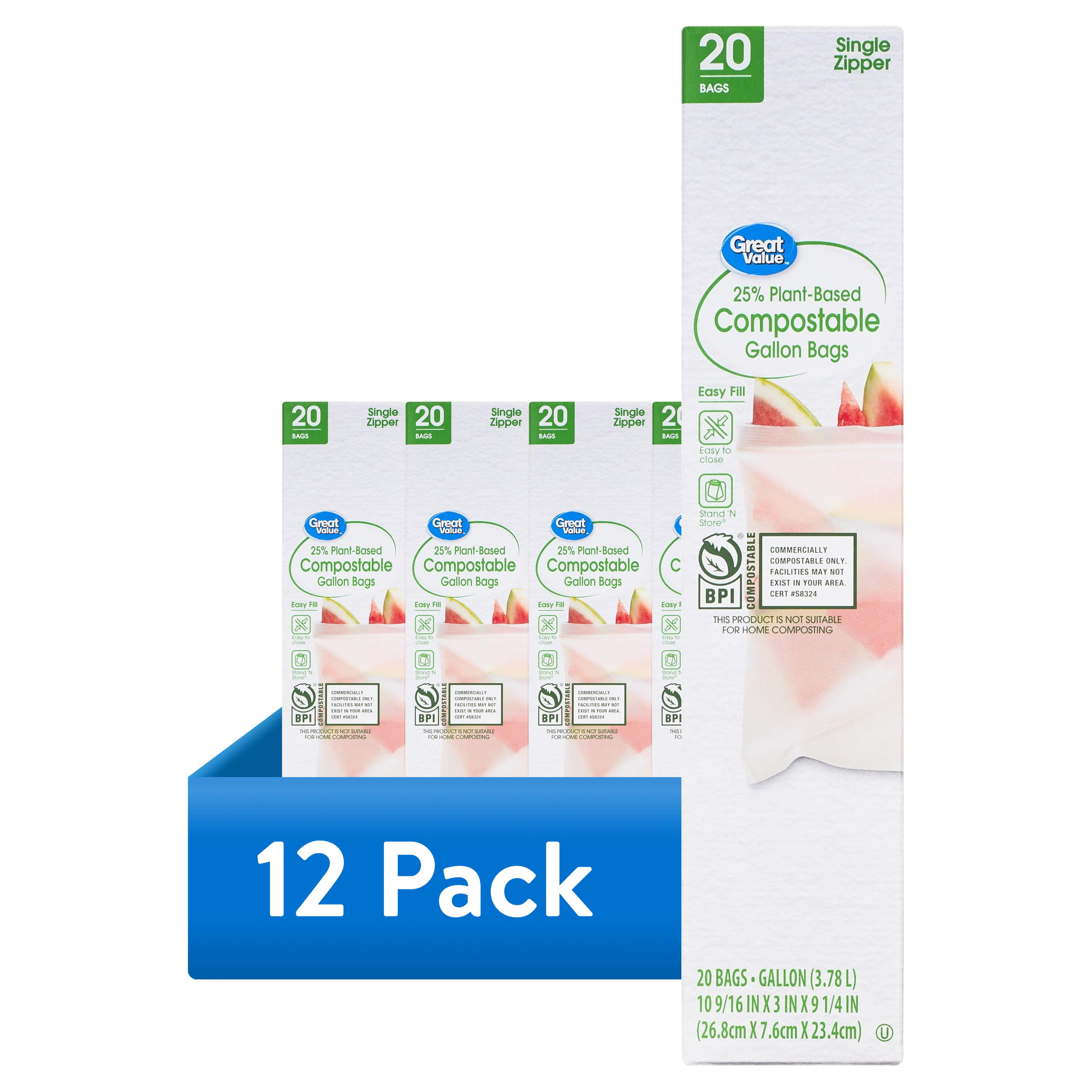 (12 pack) Great Value 25% Plant-Based Compostable Gallon Bags, 20 Count ...