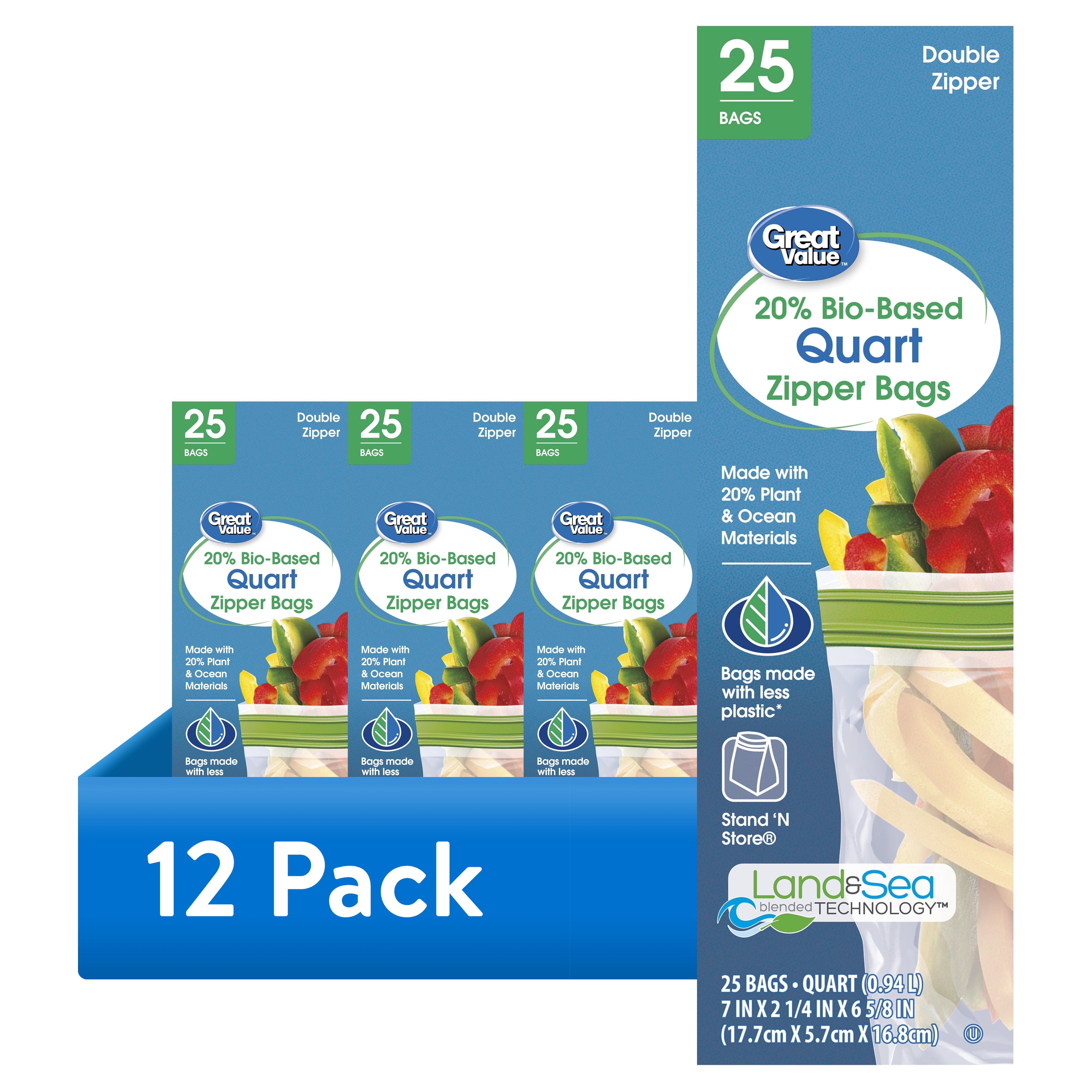 (12 pack) Great Value Clear Reclosable Double Zipper Quart Bags, Made ...