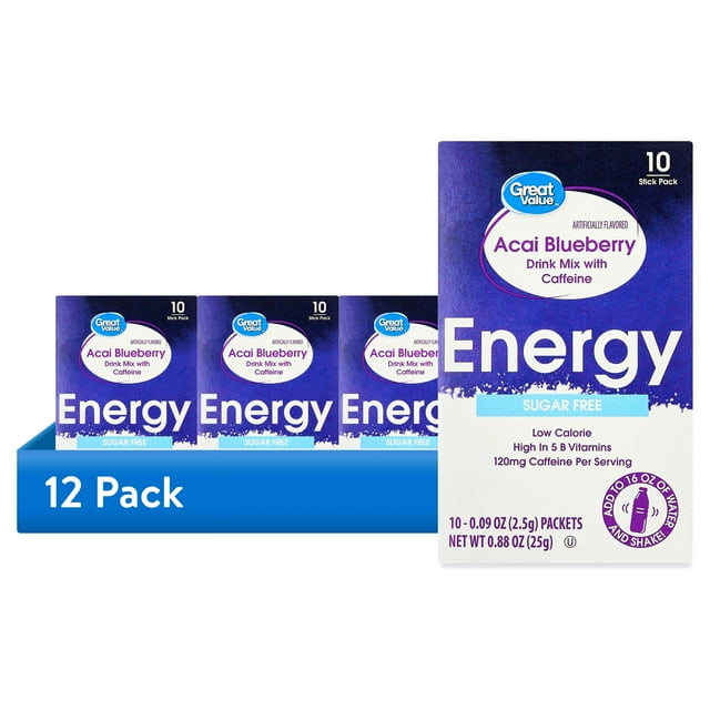 (12 pack) Great Value Energy Drink Mix, Sugar Free Blueberry Acai, 0.08 ...