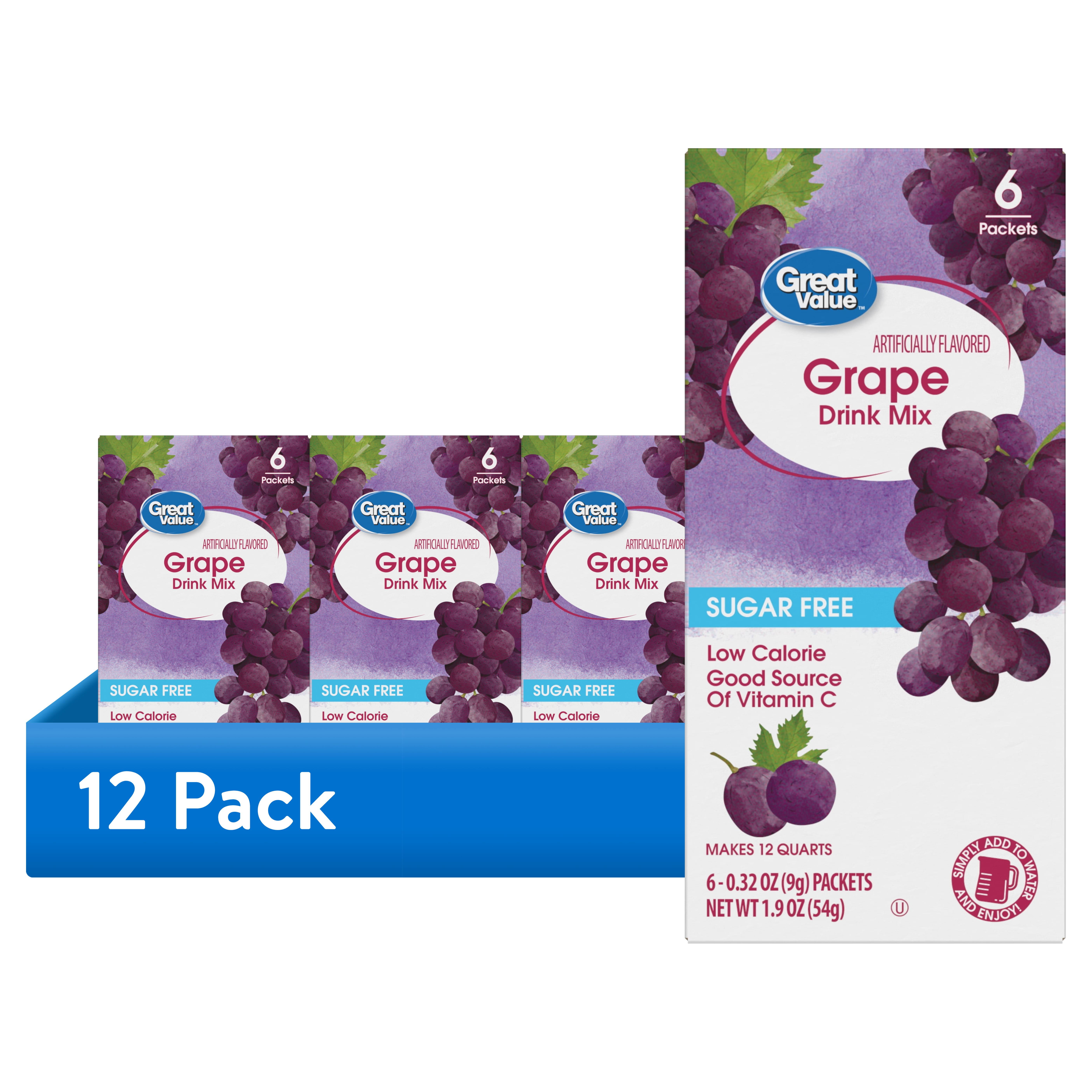 (12 pack) Great Value Sugar-Free Grape Drink Mix Powder, 1.9 oz, 6 ...