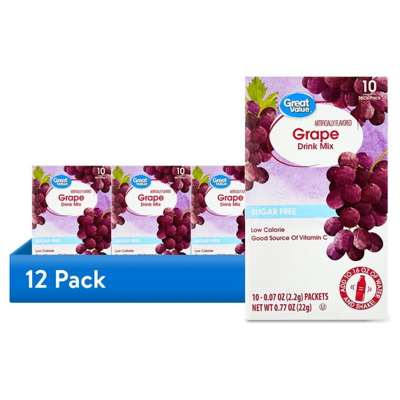(12 pack) Great Value Sugar-Free Grape Powdered Drink Mix, 0.77 oz, 10 ...