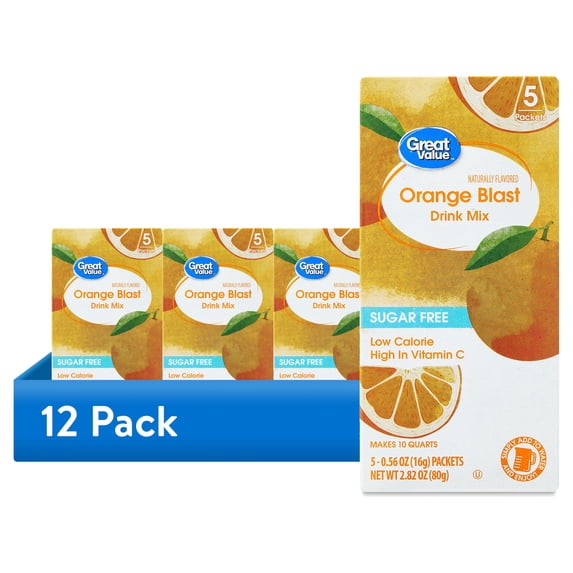 (12 pack) Great Value Sugar-Free Orange Blast Drink Mix Powder, 0.56 oz ...