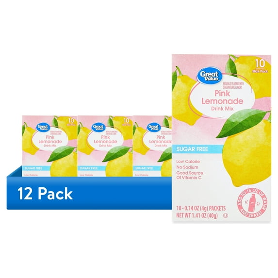 (12 pack) Great Value Sugar-Free Pink Lemonade Drink Mix, 0.14 oz, 10 ...