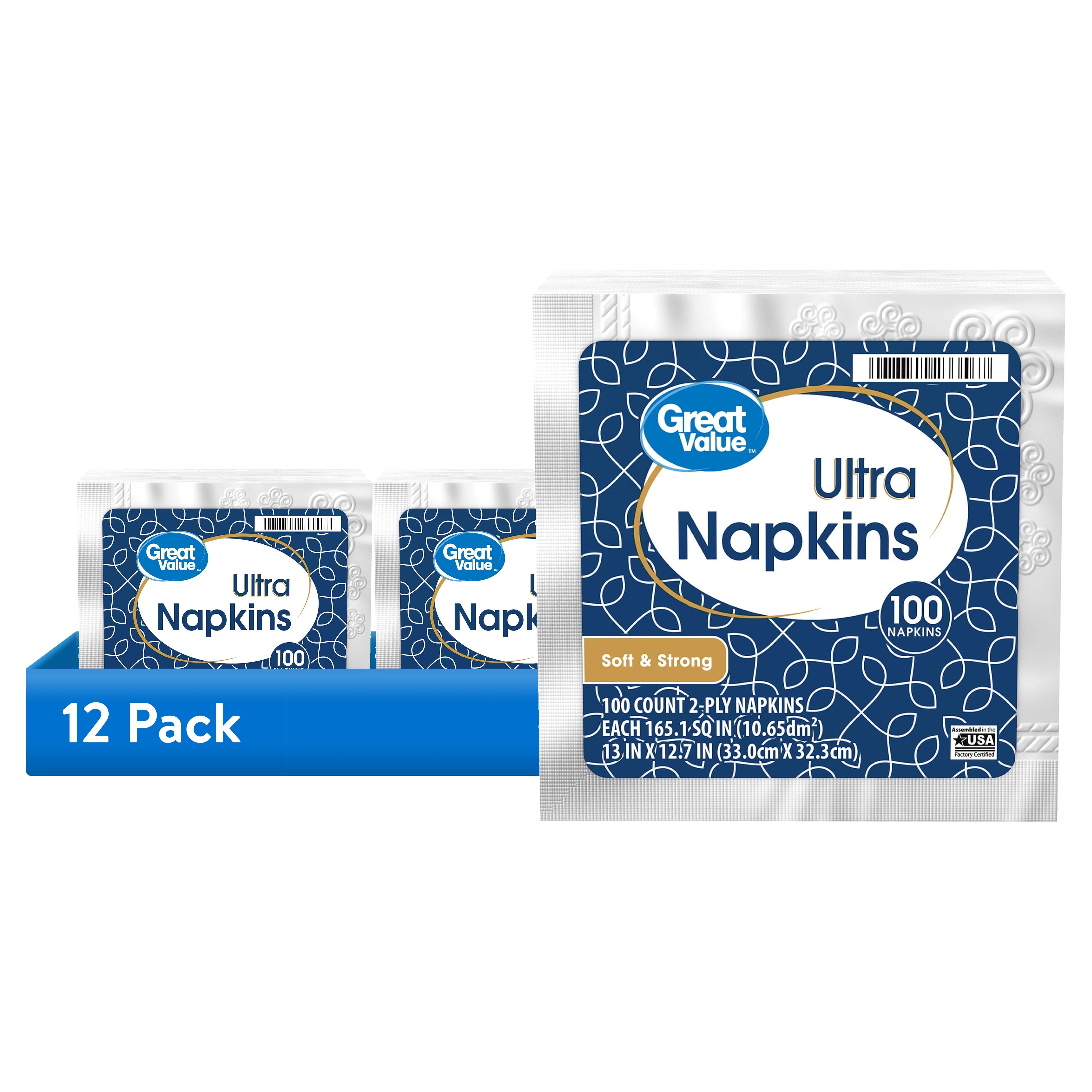 (12 pack) Great Value Ultra Paper Napkins, White, 100 Count, 2-Ply ...