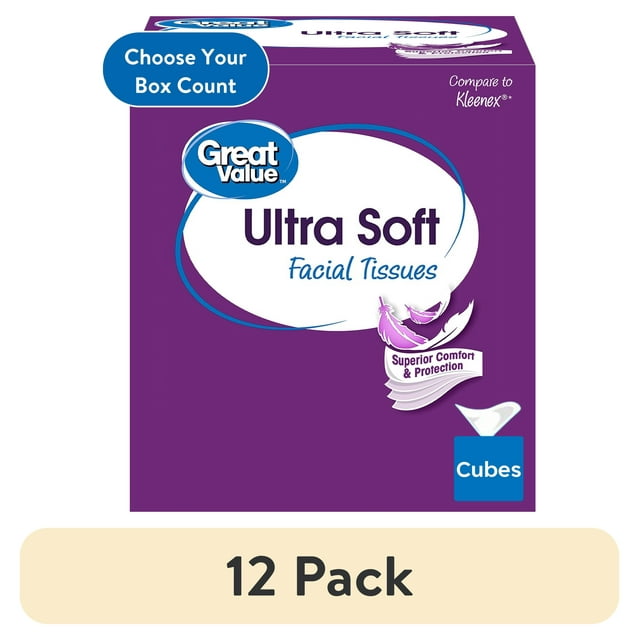 (12 pack) Great Value Ultra Soft Facial Tissues, 1 Cube Carton, 75 Tissues per Cube, 3-Ply ...