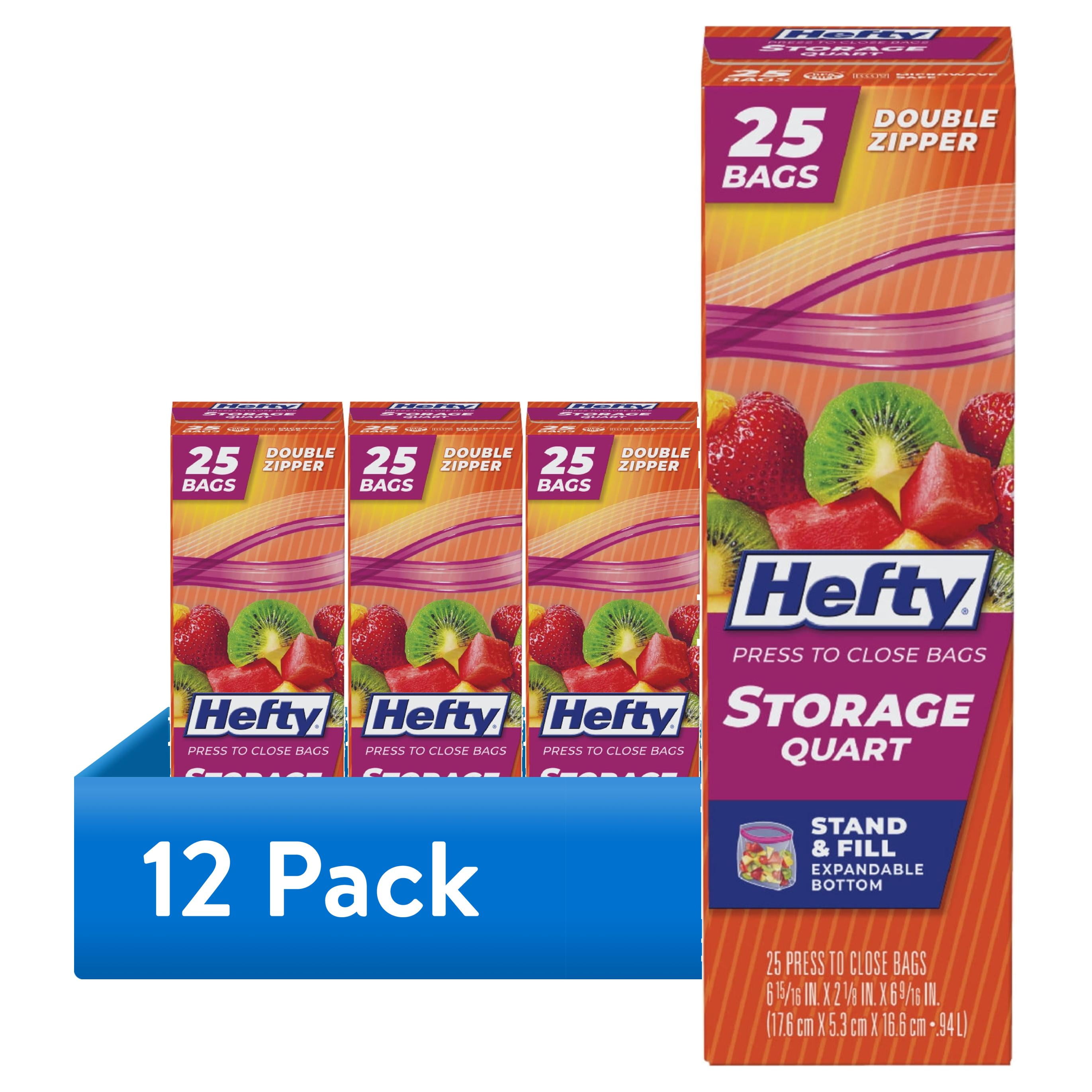 (12 pack) Hefty Press to Close Plastic Bags for Food Storage, Quart ...