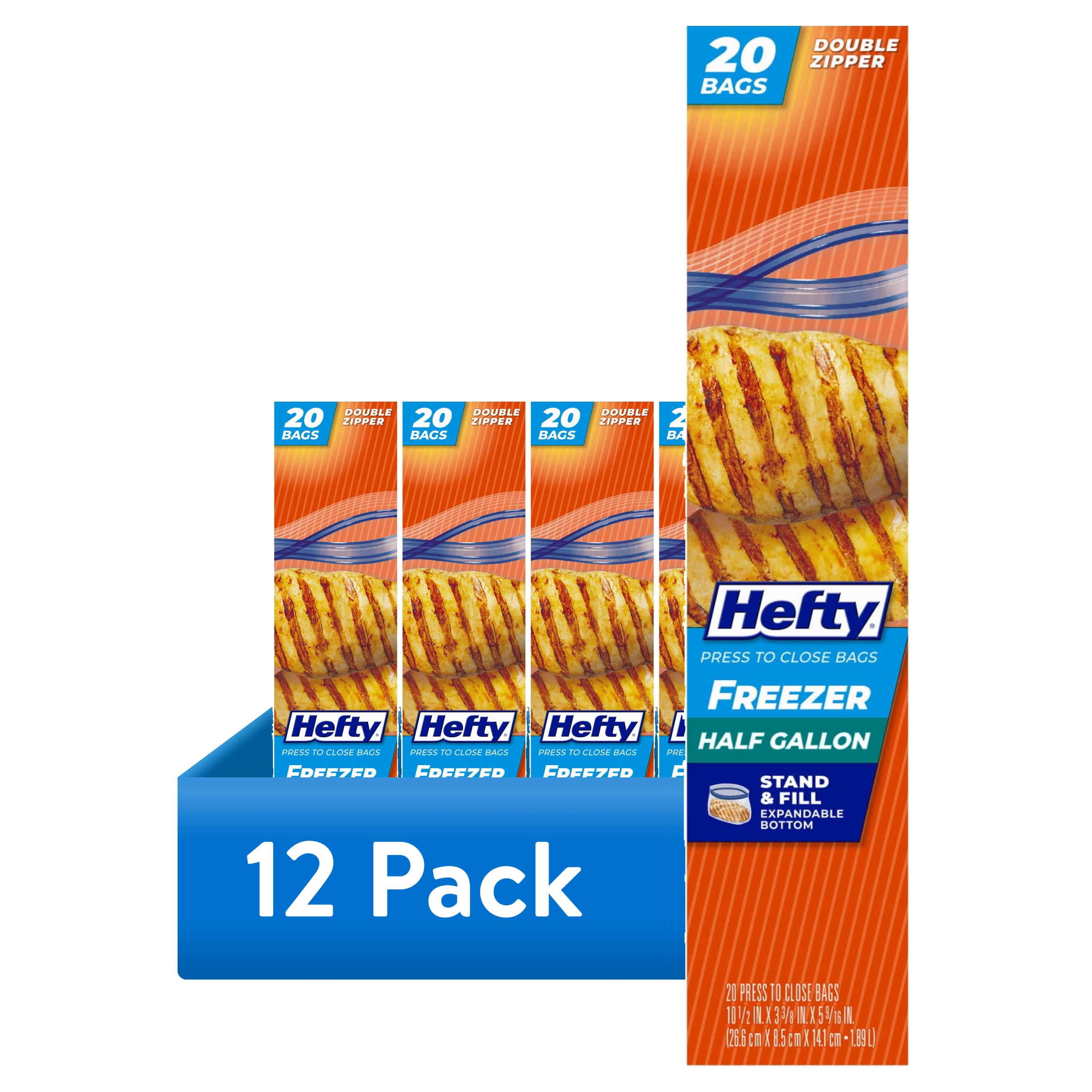 (12 pack) Hefty Press to Close Plastic Freezer Bags, Half Gallon Size ...