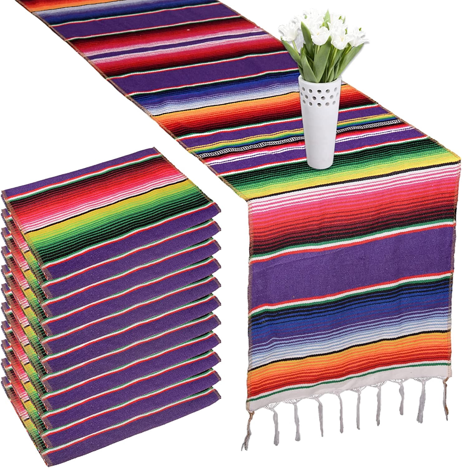 12 pack Mexican blanket Serape tablecloth colorful striped fringed ...
