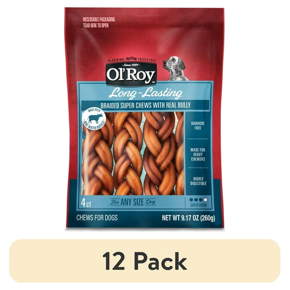 (12 pack) Ol' Roy Rawhide Free Braided Bully Alternative for Dogs, 9.17 ...