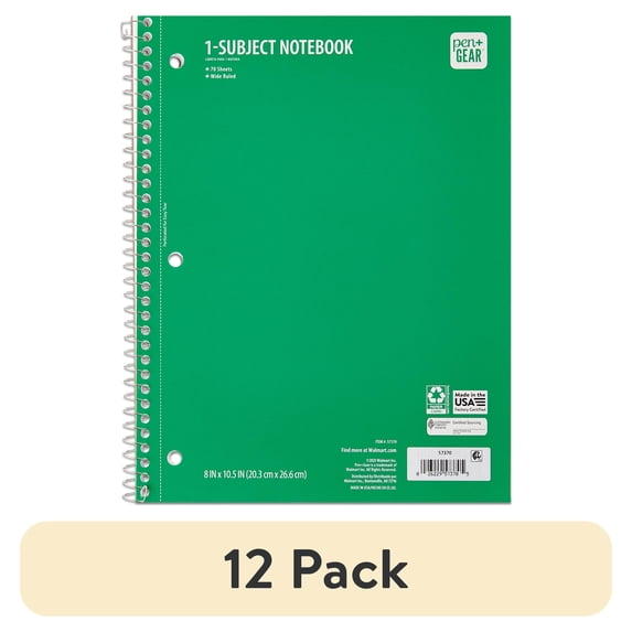 (12 pack) Pen + Gear Wide Ruled 1-Subject Notebook, 10.5” x 8”, Green ...