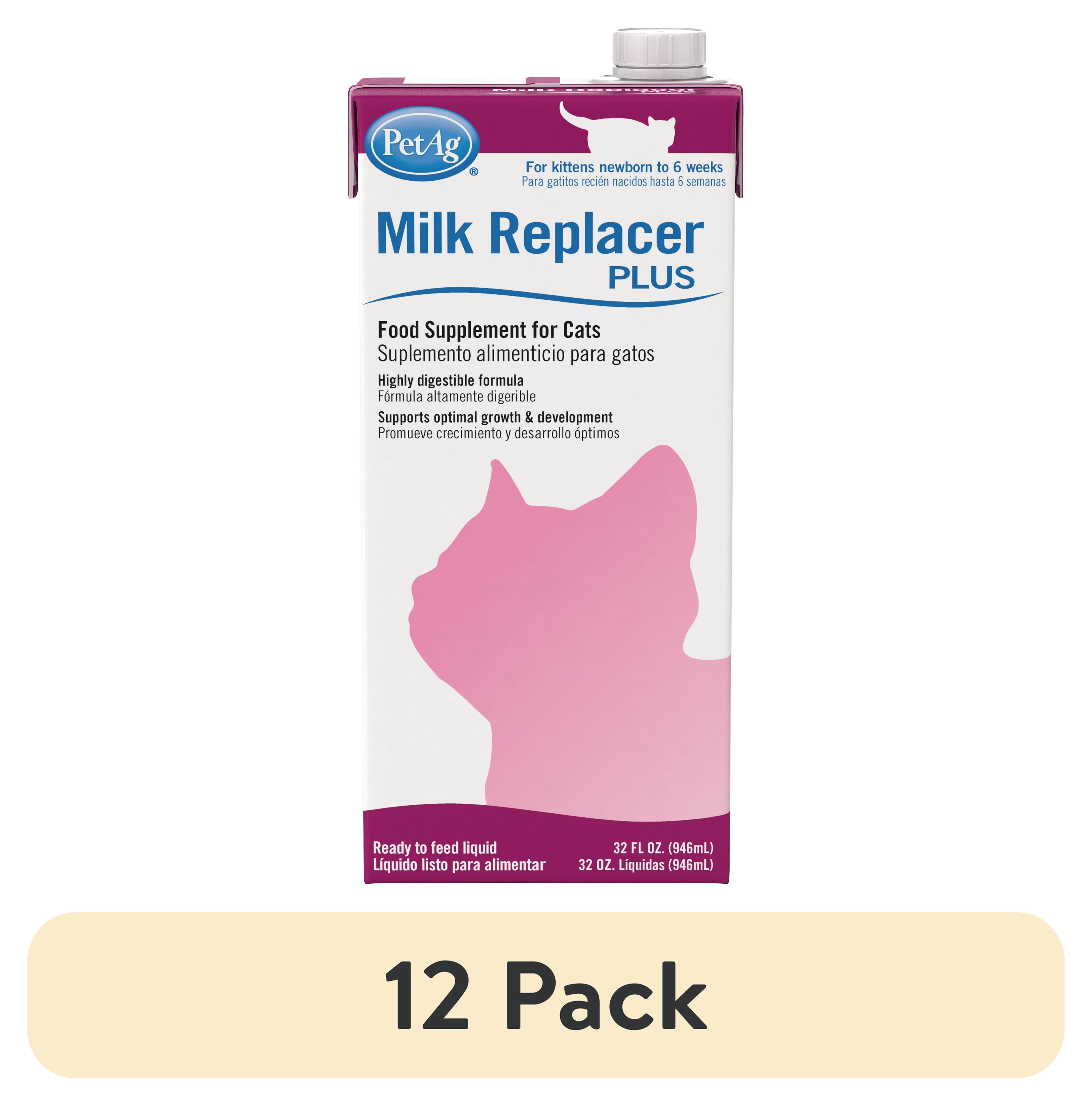 (12 pack) PetAg Milk Replacer Plus Liquid for Cats and Kittens, 32 fl ...