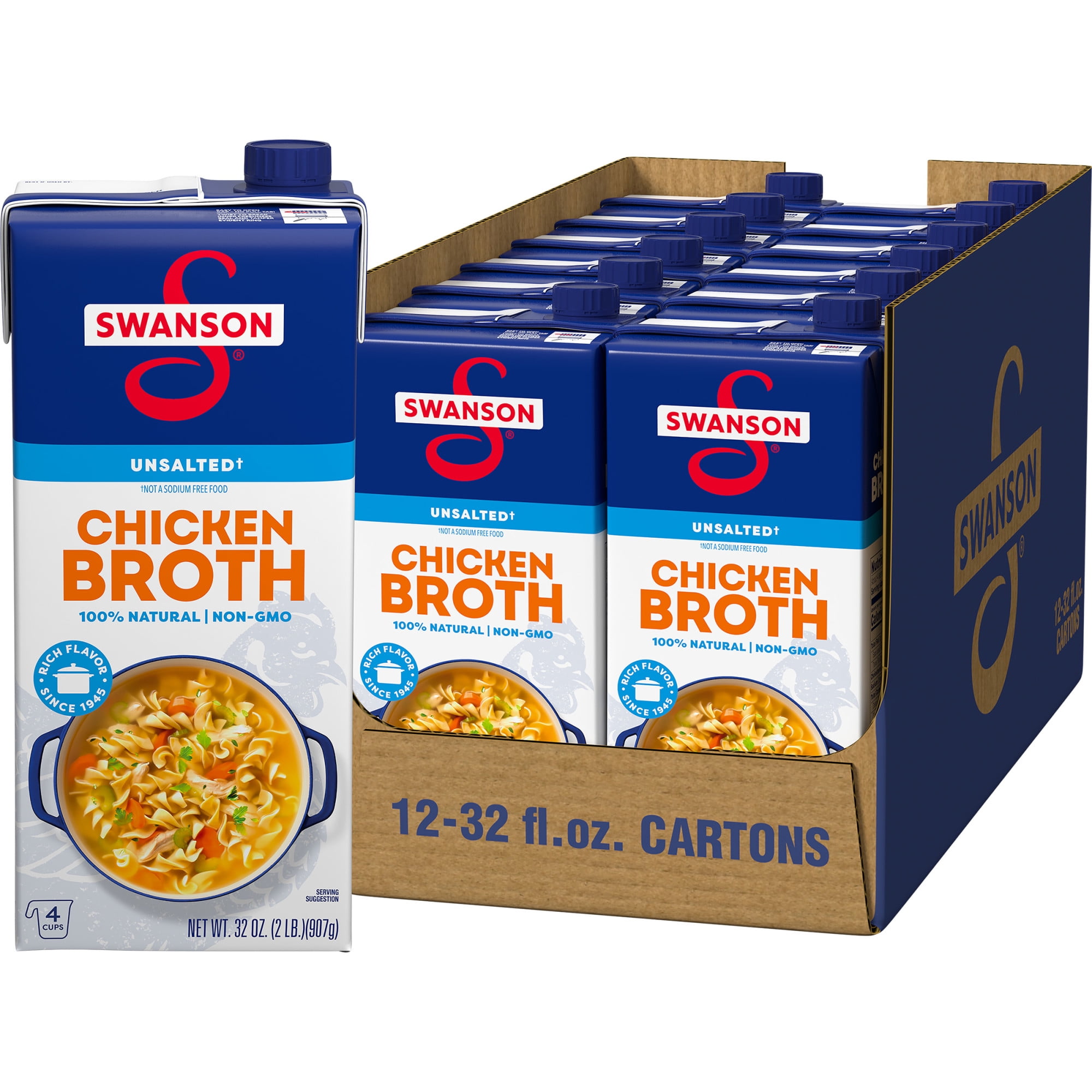 (12 pack) Swanson 100% Natural Unsalted Chicken Broth, 32 oz Carton ...