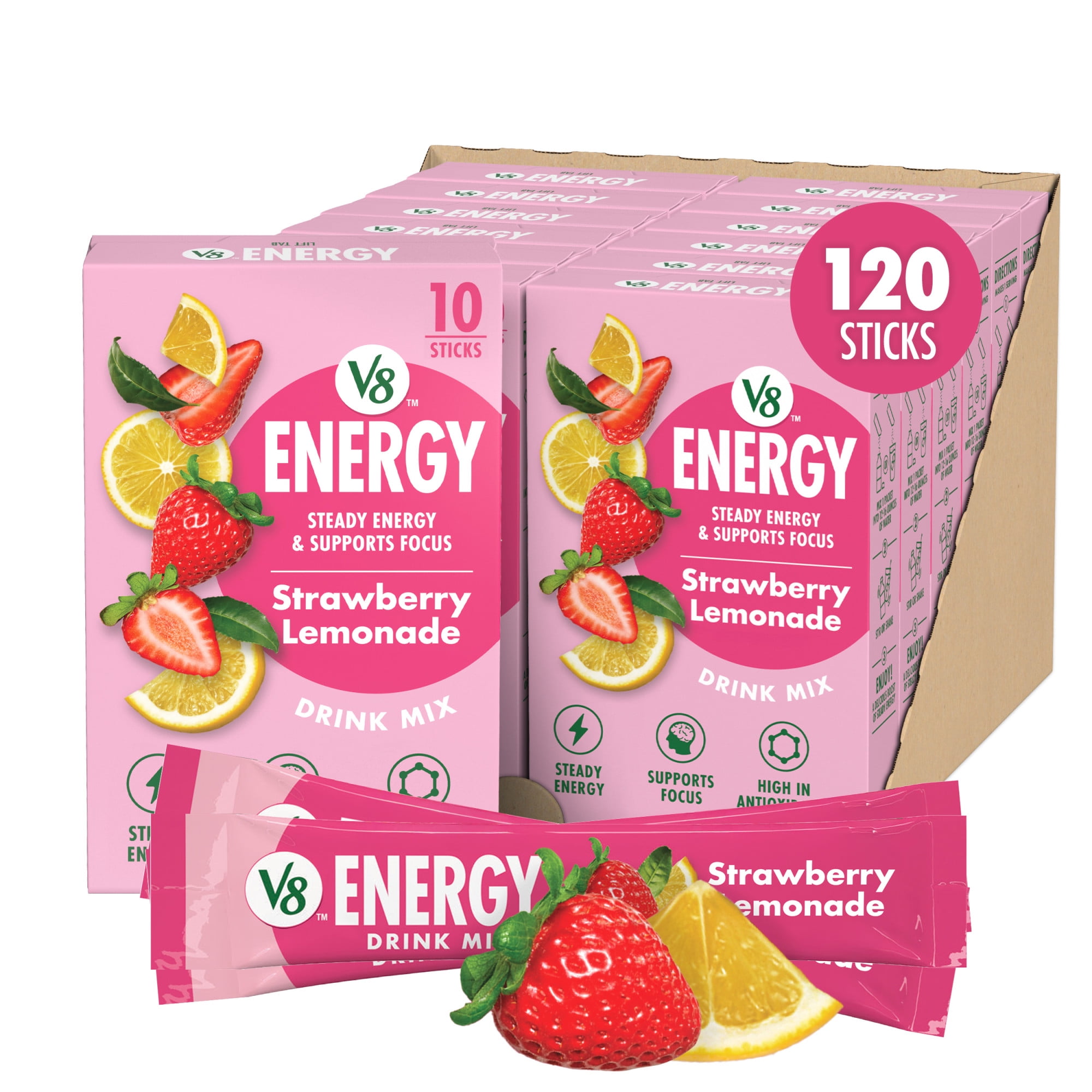 (12 pack) V8 Energy Strawberry Lemonade Energy Drink Powder, (10 Count ...