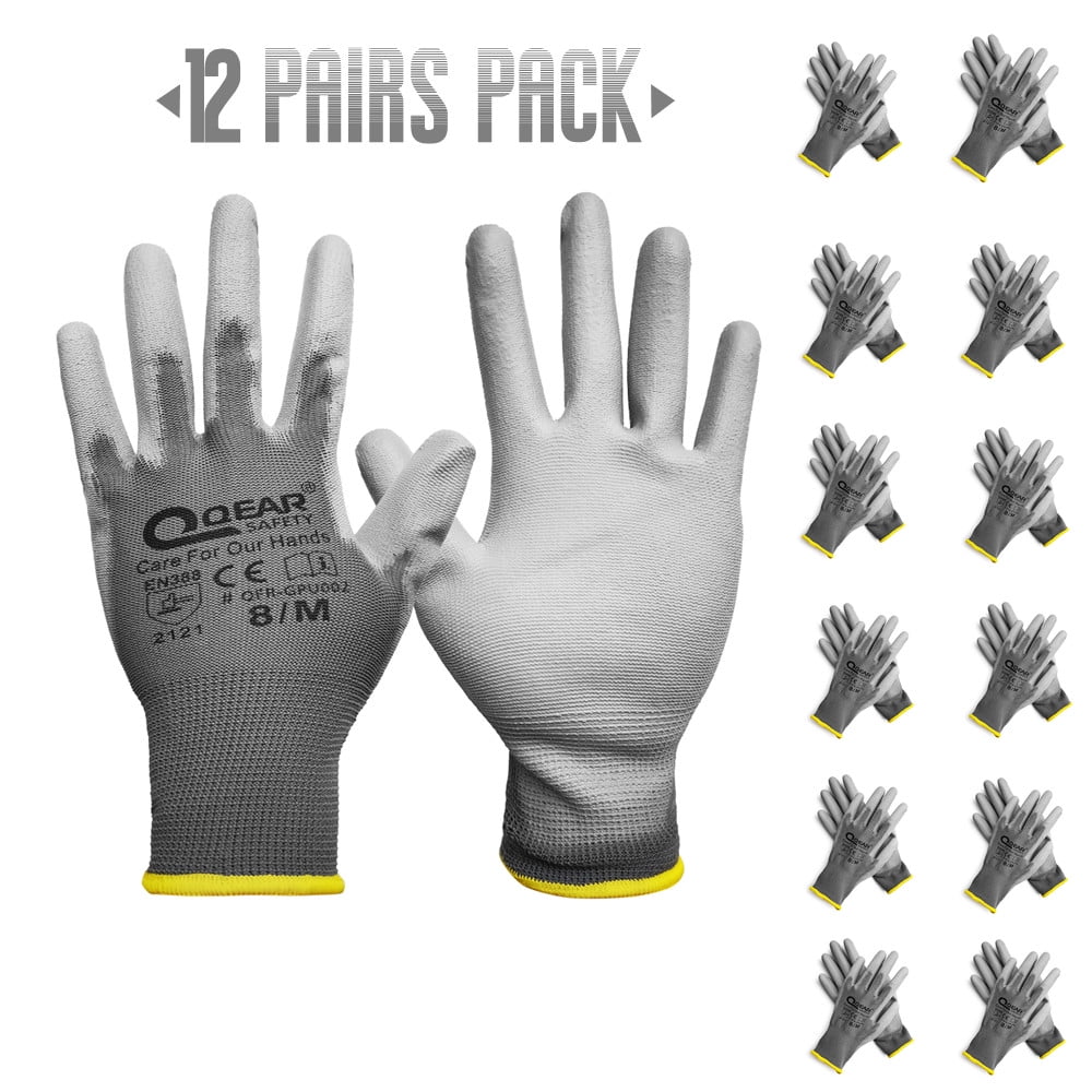 12 pairs Pack QEAR Thin PU Palm Coated Work Safety Gloves, LightWeight ...