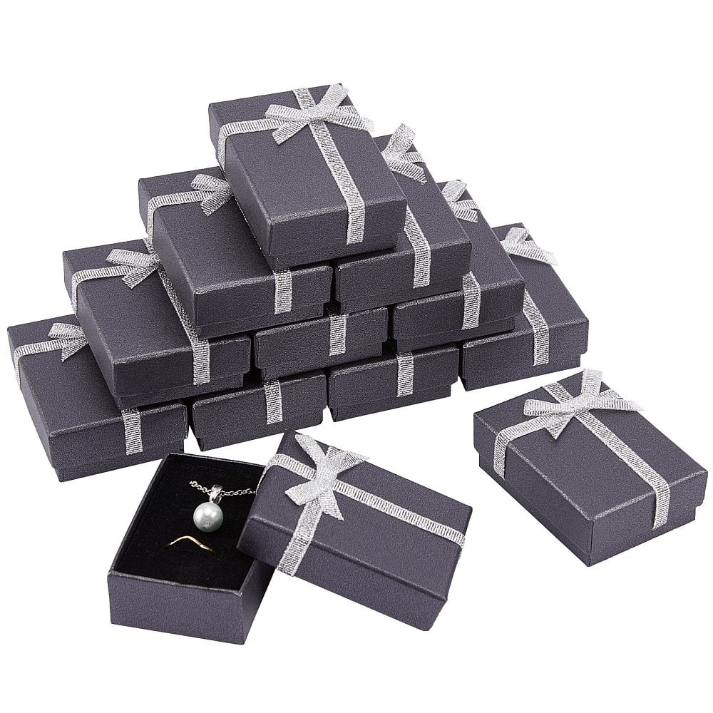 12 pc Cardboard Necklace Boxes with Ribbon Bowknot and Sponge Inside Rectangle Black 7x5x2.5cm ...