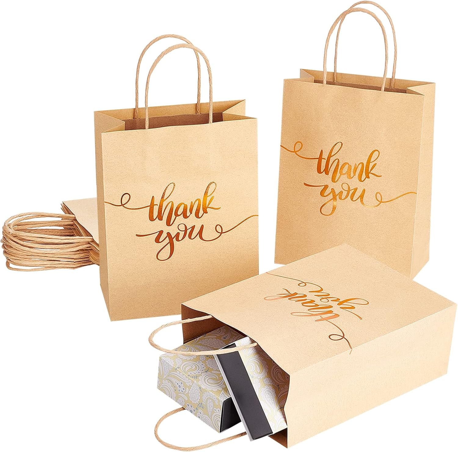 12 pc Rectangle Kraft Paper bag with Handle Word Thank you for Party ...