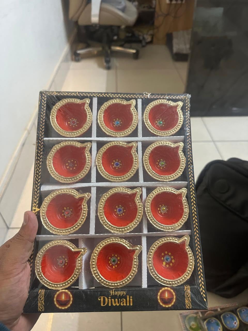 12 pc set golden red color traditional shape clay diya with cotton ...