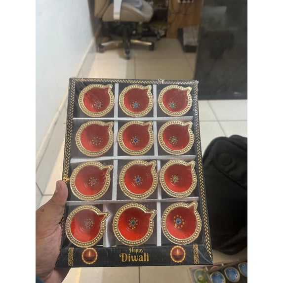 12 pc set golden red color traditional shape clay diya with cotton ...