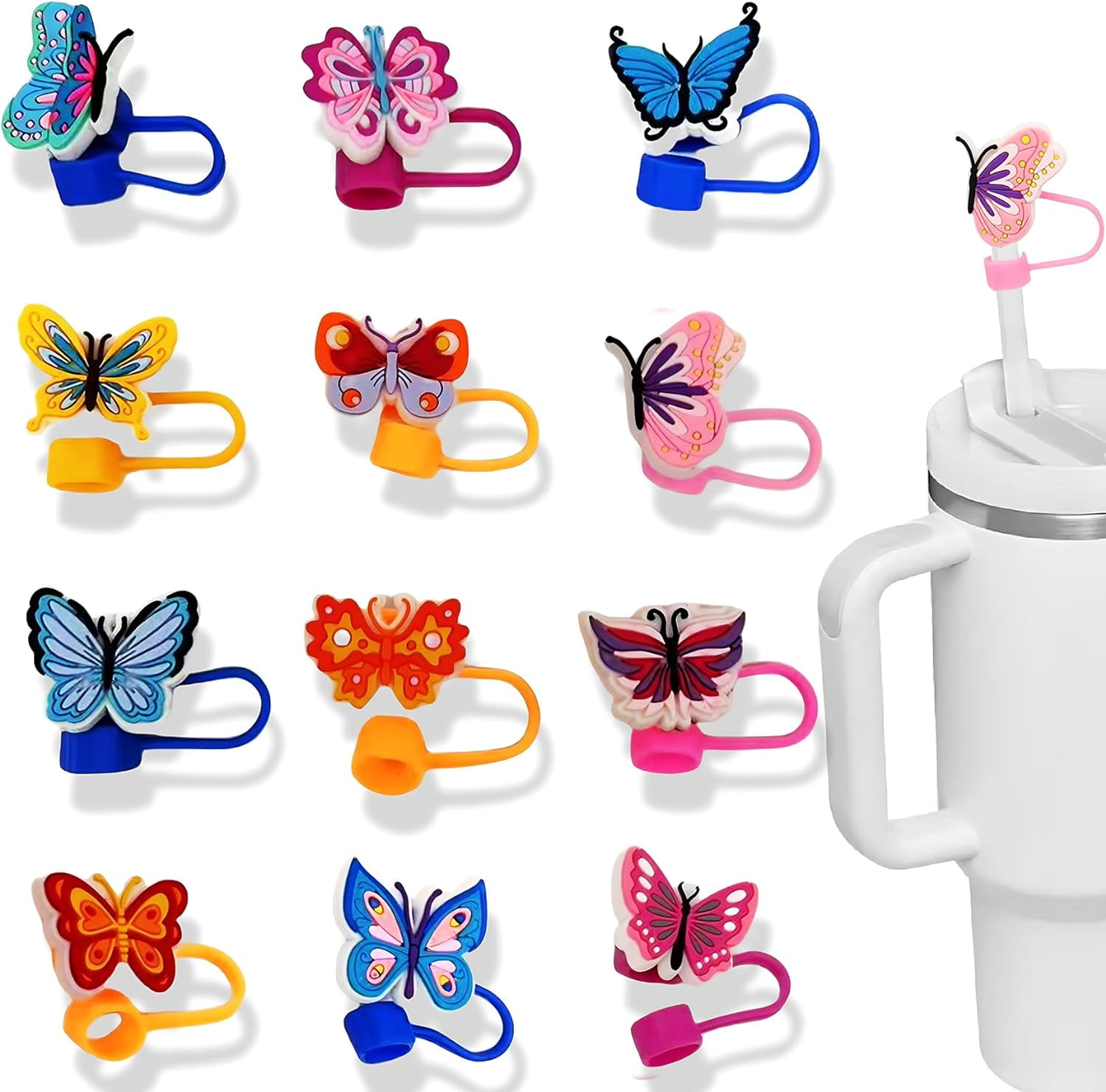12 pcs 10mm Butterfly Straw Cover Cap Topper Cap Soft Silicone Drinking ...