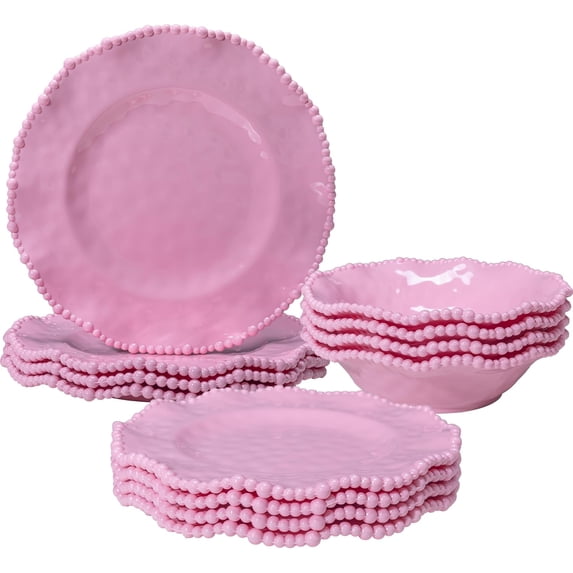 12 pcs Melamine Dinnerware Set, Elegant Scalloped Rim, Beaded Serving ...