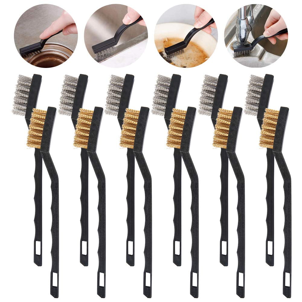 12 pcs Mini Wire Brush Set Stainless Steel and Brass Curved Handle for ...
