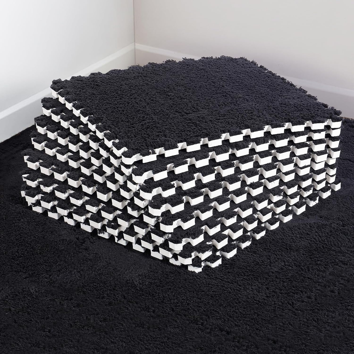 12 pcs Plush Puzzle Foam Floor Mat for Kids- Thick Interlocking Fluffy ...