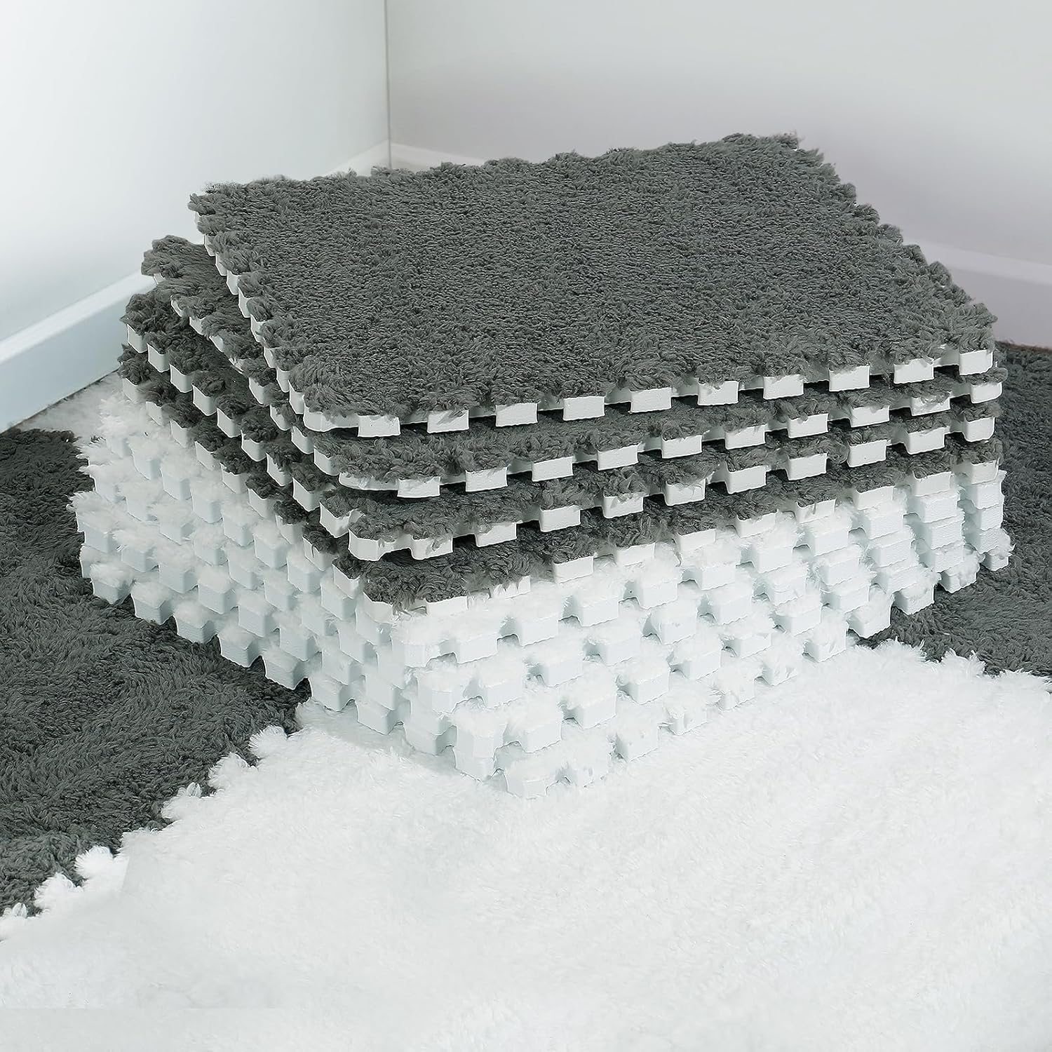 12 pcs Plush Puzzle Foam Floor Mat for Kids- Thick Interlocking Fluffy ...