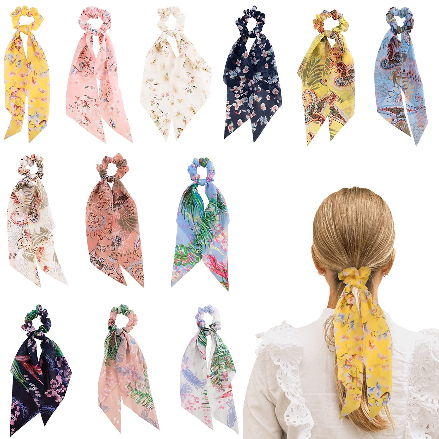 12 pcs Scarf Scrunchies Flower Print with Tail Long Ribbons Scrunchy ...