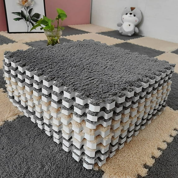 12 pcs Thickened Plush Interlocking Floor Mat 0.6" Thick- Fluffy Square ...