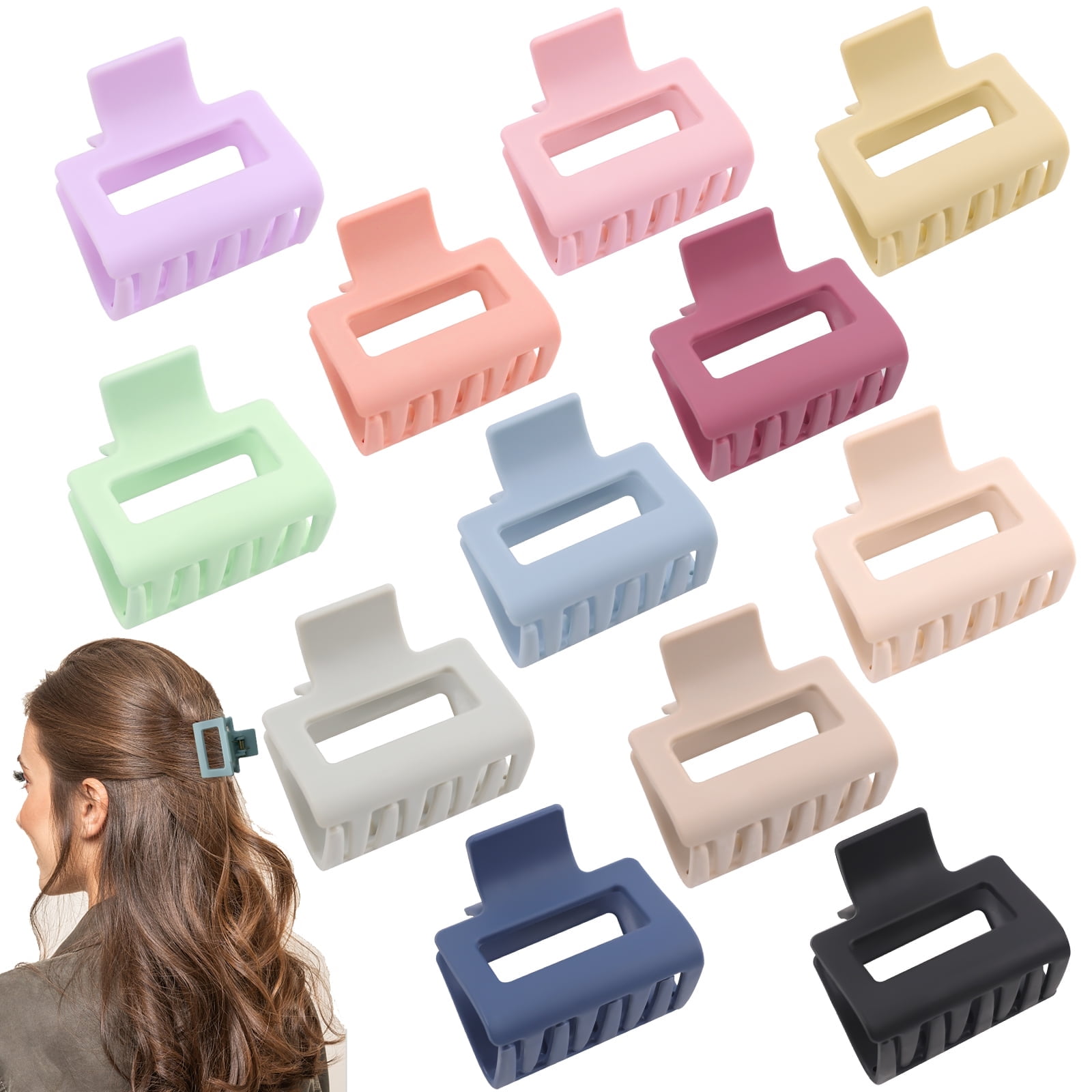 12-Piece Medium Square Hair Clip Set for Women - 2.36 inches Matte Claw ...