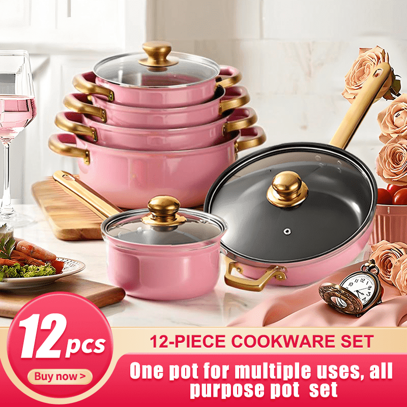 12-piece Pink Stainless Steel Cookware Set, Non-stick, Includes Frying ...