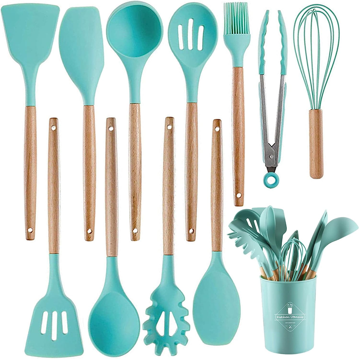 SEELOK 12-Piece Silicone Kitchen Utensils Set, Nonstick, Dark Green ...