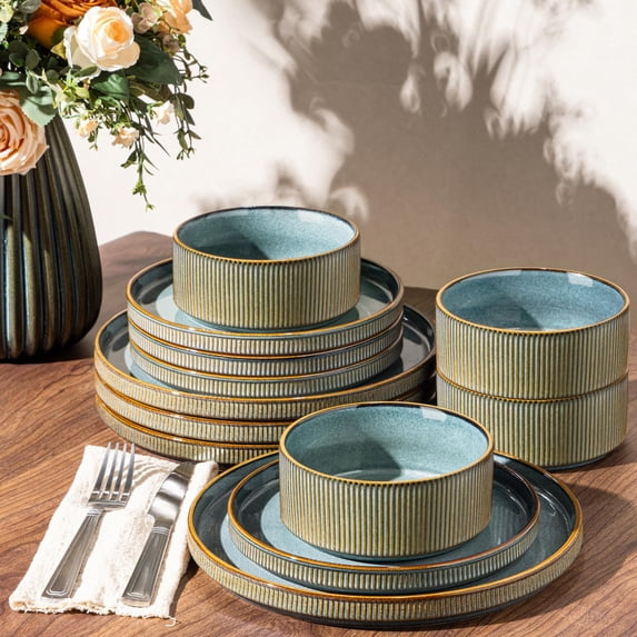 12-piece Stoneware Dinnerware Set For 4 - Ribbed Ceramic Plates And ...