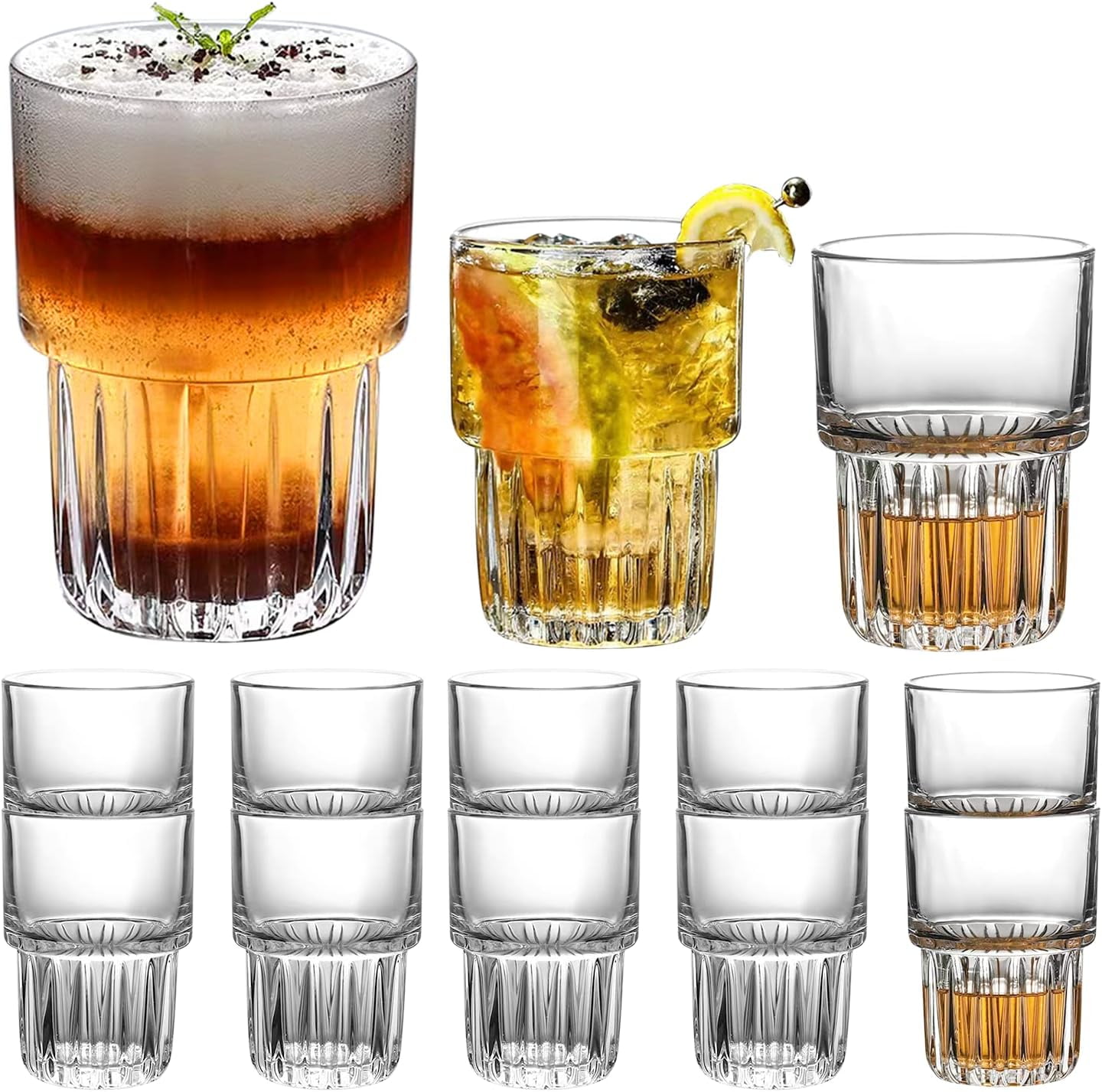 12 piece drinking cup set, transparent mixed glassware set, 13 ounce ...