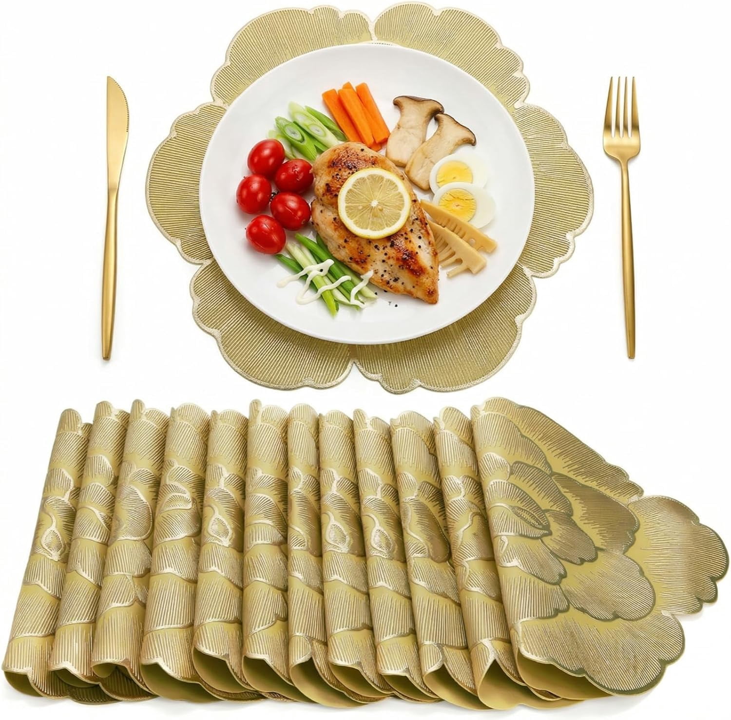12 piece golden round table mats, 15 inches pressed vinyl table mats ...
