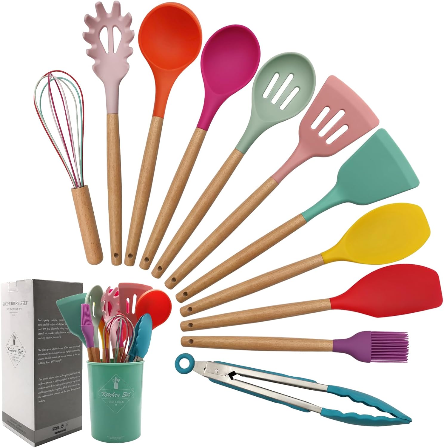 12-piece kitchen utensil set, silicone cooking utensils with anti-slip ...