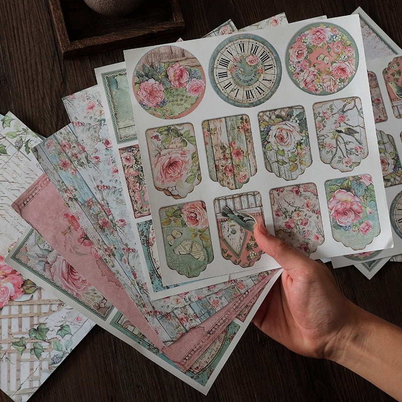 12 sheets non-repeating material paper retro artistic floral style 7.87 ...