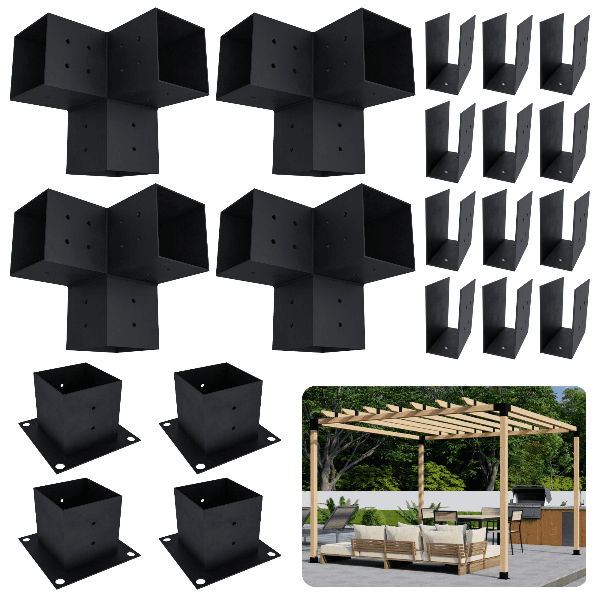12' x 10' Pergola with Roof DIY Hardware Kit - Black 4x4 Pergola Steel ...