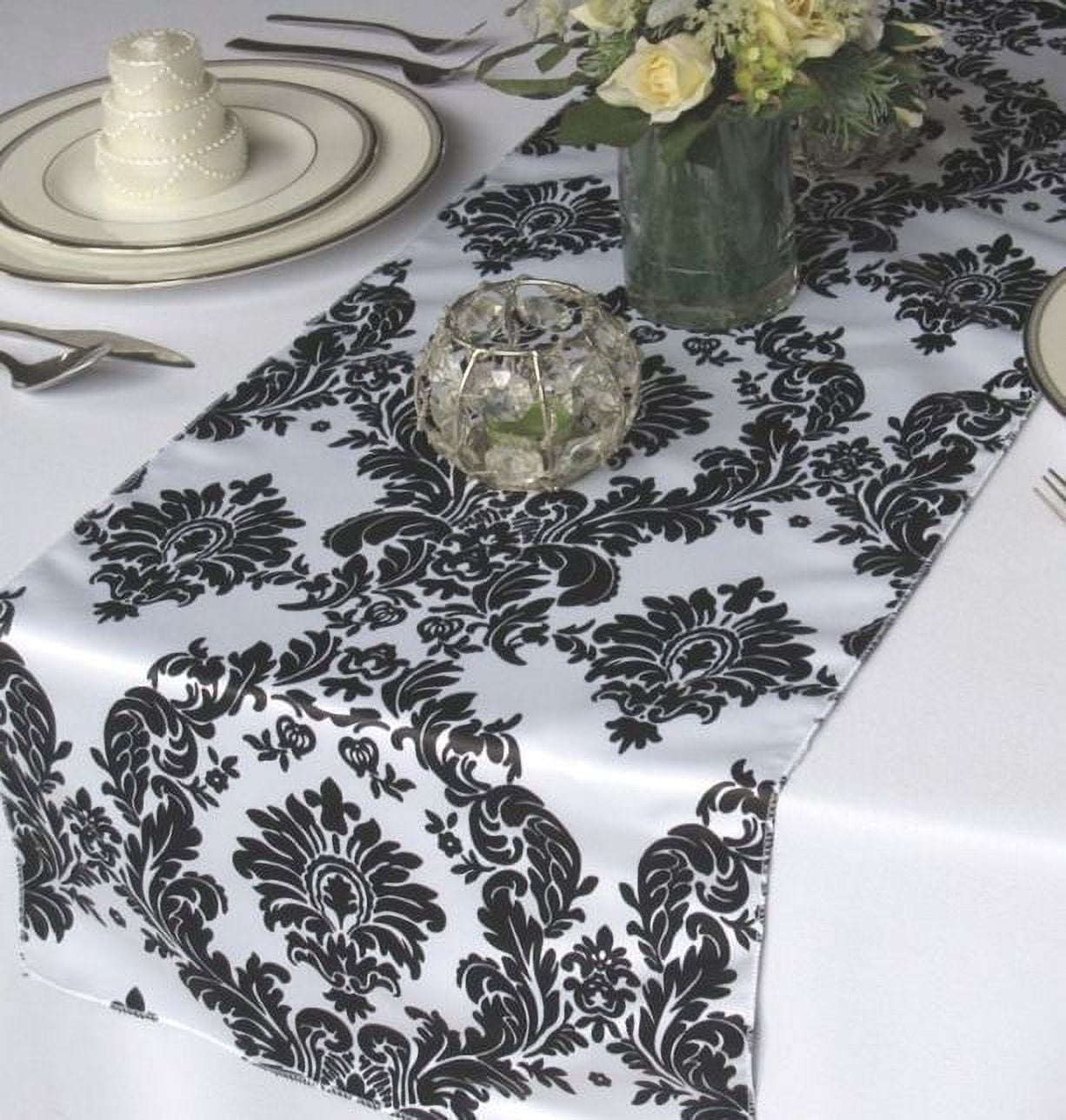 12" x 108" Flocking Damask Table Runner Black White Flocked Velvet ...
