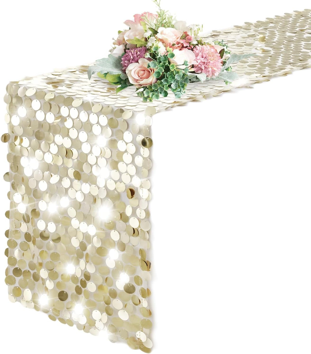 12 x 108 Inch Sequin Table Runner, Champagne Glitter Big Sequin Table ...